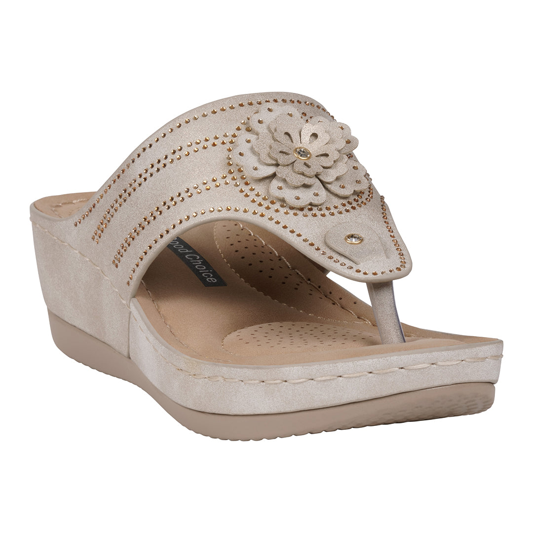 Women's Cora Light Gold Embellished Floral Wedge Sandals – GC Shoes