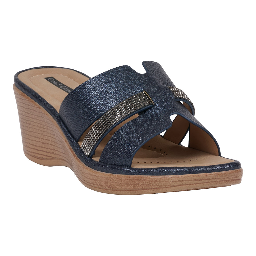 Women's Frances Navy Embellished Wedge Sandals – GC Shoes