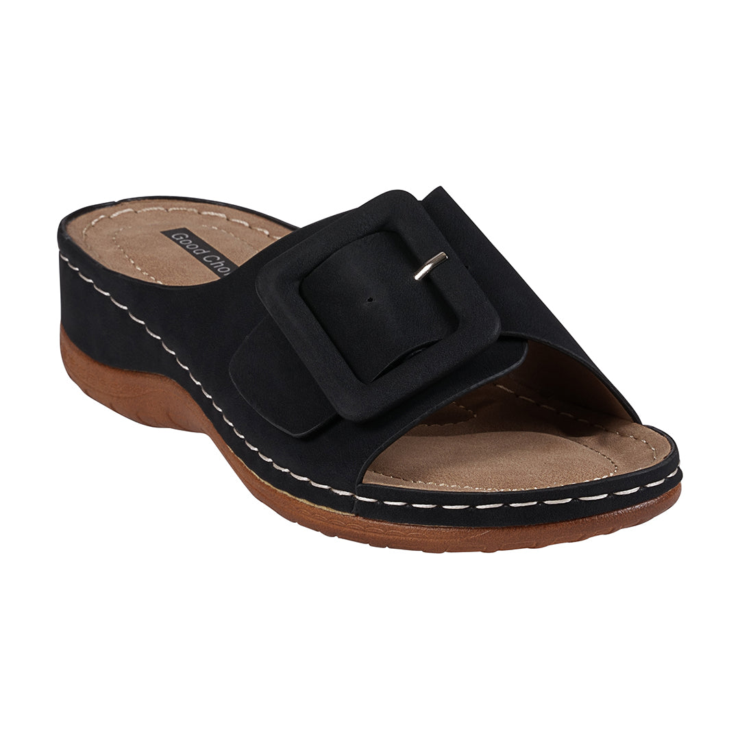 Women's Hamden Black Buckled Flat Sandals – GC Shoes