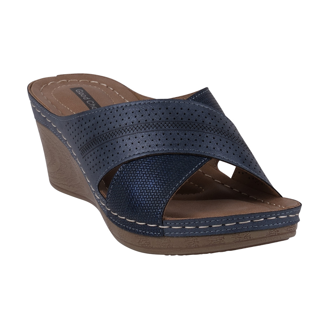 Hayden Perforated Navy Contrast Cross Strap Wedge Sandals – GC Shoes