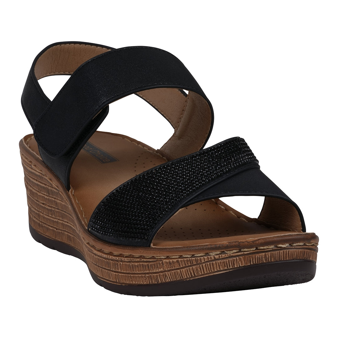 Women's Lux Black Embellished Velcro Wedge Sandals – GC Shoes