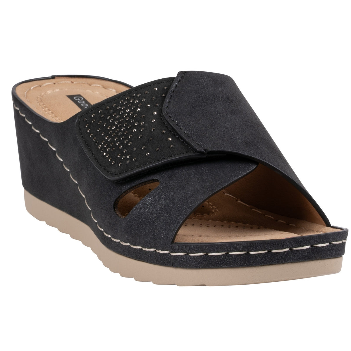 Women's Savina Black Embellished Velcro Wedge Sandals – GC Shoes