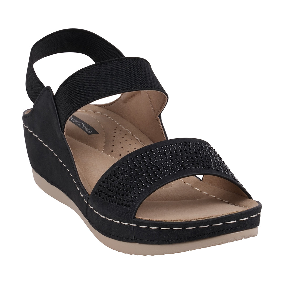 Tammy Black Embellished Elastic Double Band Wedge Sandals – GC Shoes